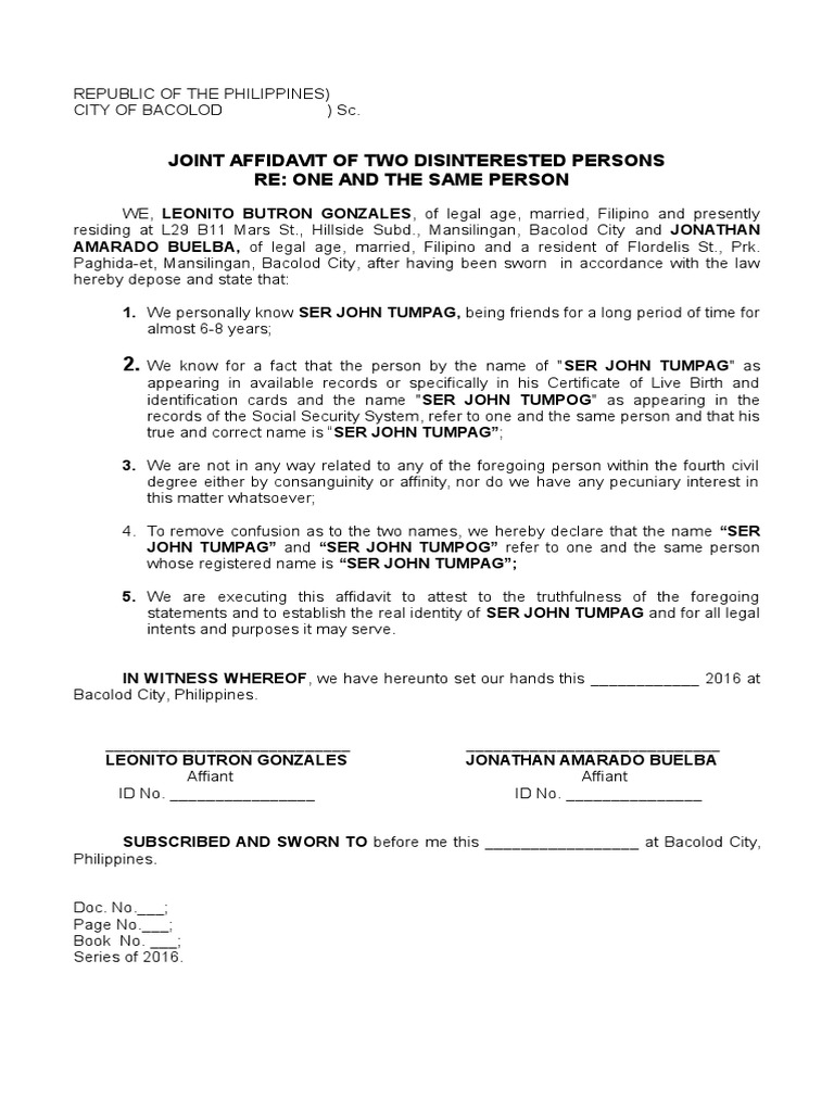 Joint Affidavit Confirming Identity | PDF