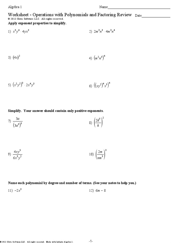 Algebra 1 - Worksheet - Ops With Polynomials and Factoring Test Review ...