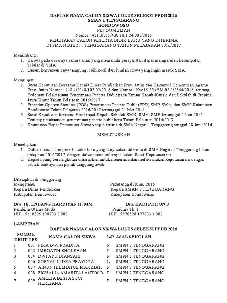 Daftar Nama Calon Siswa Lulus Seleksi Ppdb 2016 Pdf