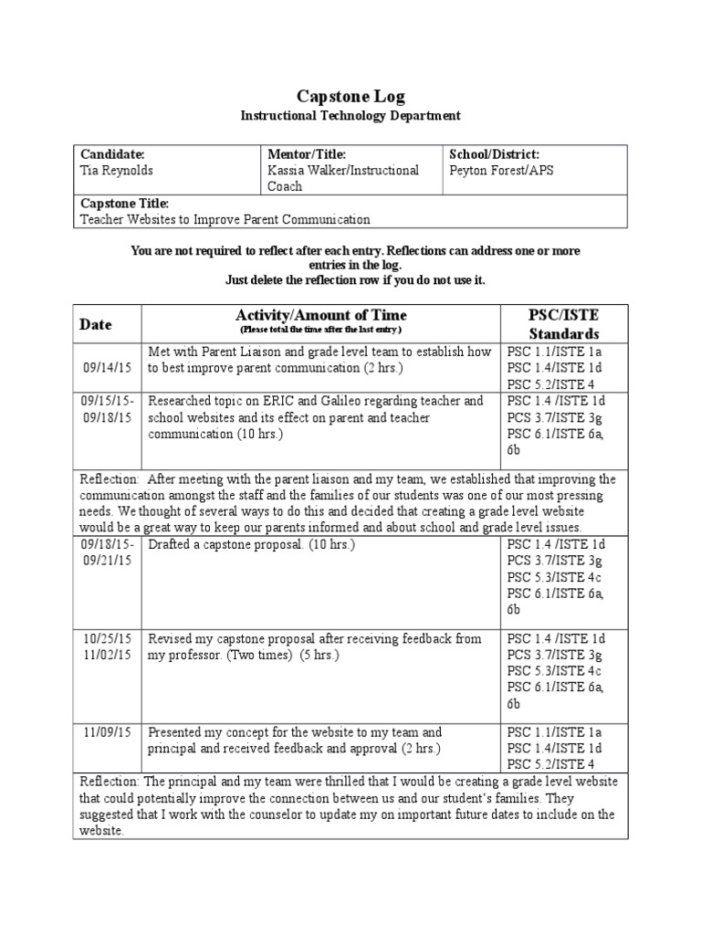 Capstone Log: Date Activity/Amount of Time Psc/Iste Standards | PDF ...