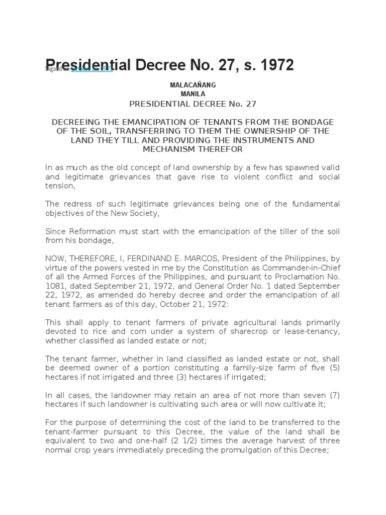 PD 27 | PDF | Decree | Justice