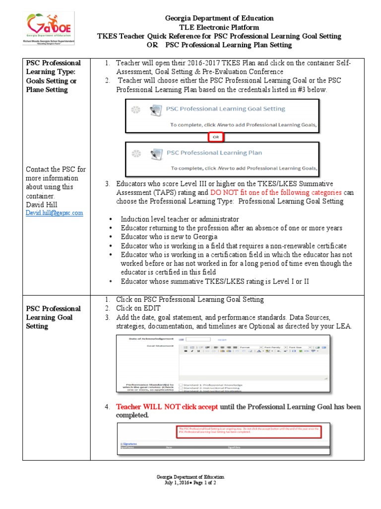 Tkes Teacher Quick Reference For PSC Professional Learning Goal Setting ...