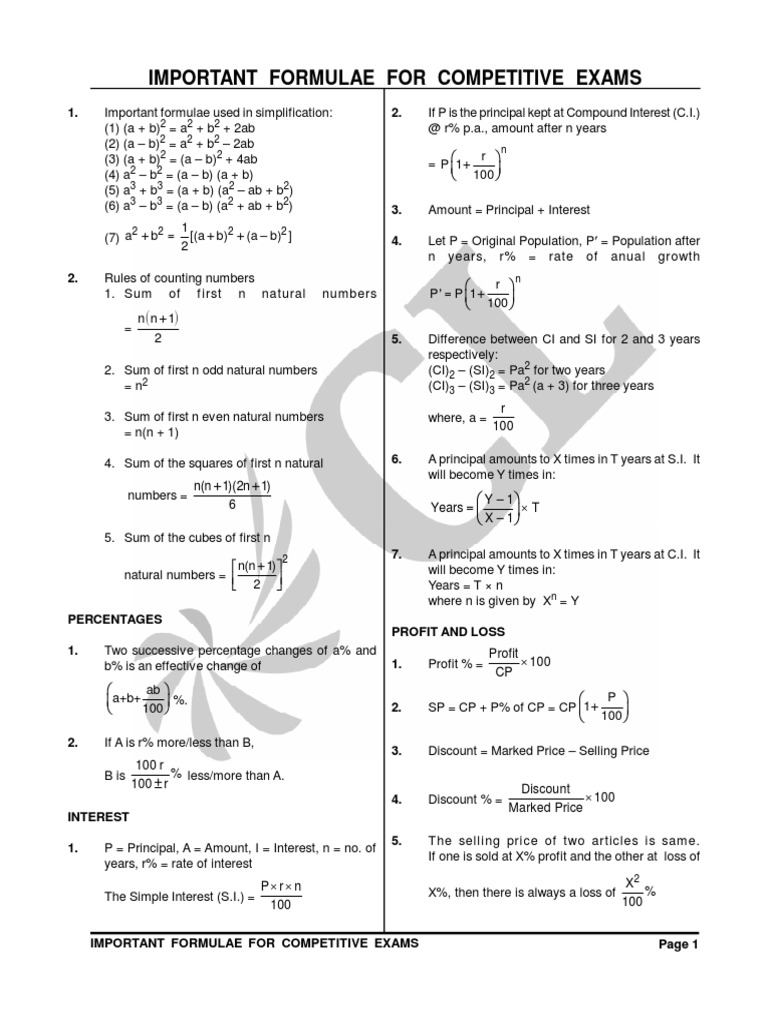Important Formulae For Competitive Exams PDF | PDF | Business