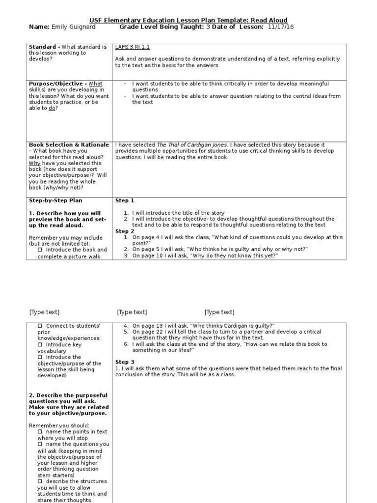USF Elementary Education Lesson Plan Template: Read Aloud Name: Emily ...