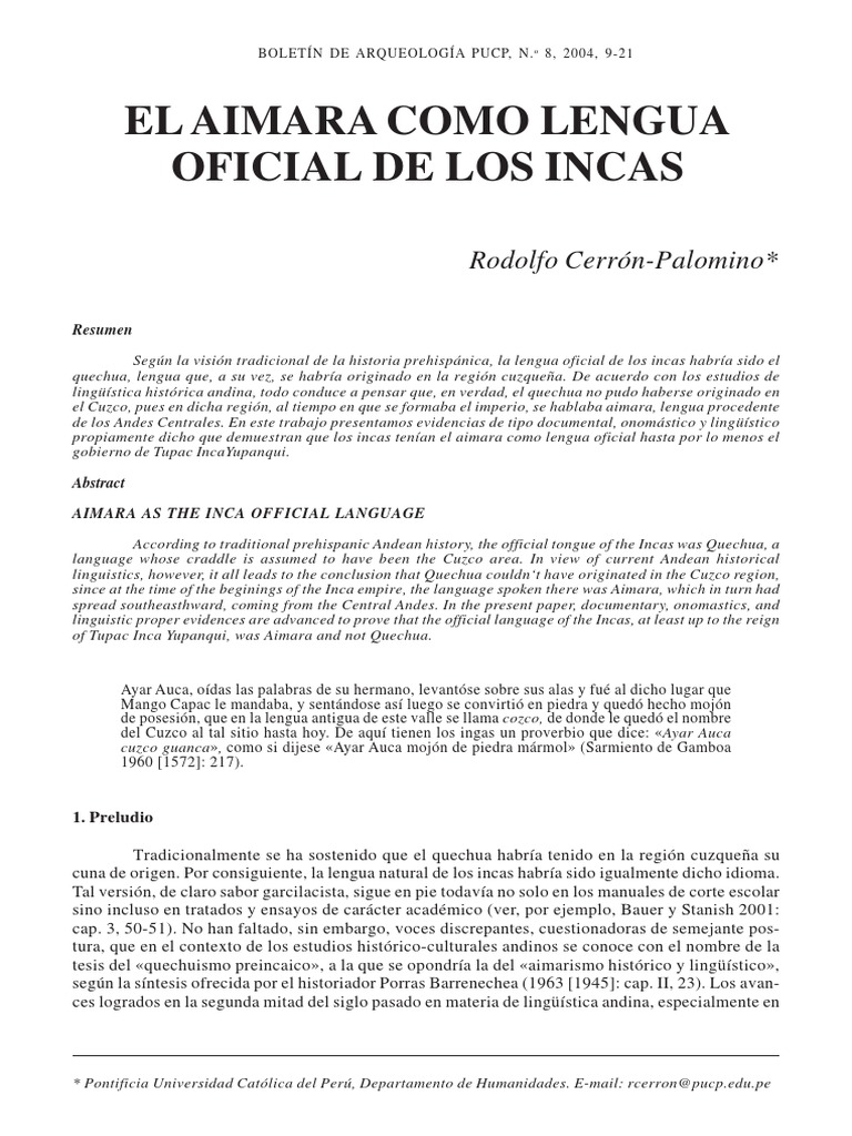 Aimara Como Lengua Oficial de Los Incas. Rodolfo Cerrón Palomino | PDF ...