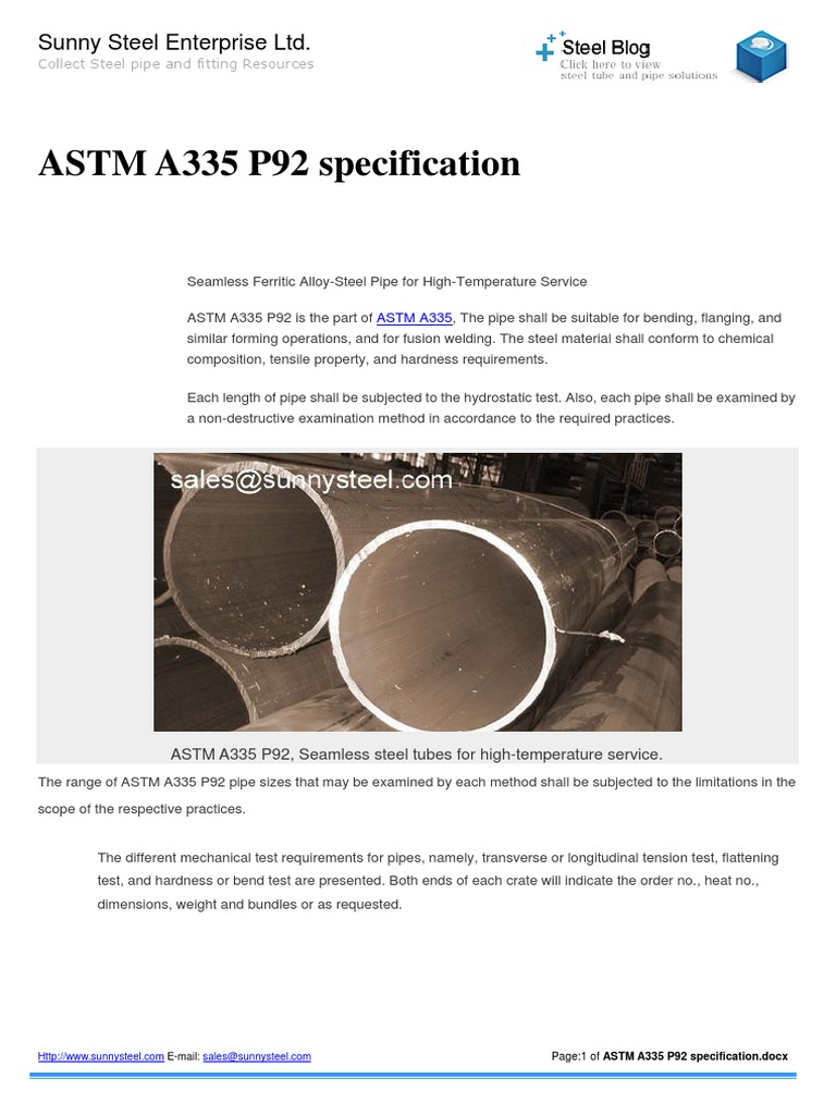 ASTM A335 P92 Specification | Pipe (Fluid Conveyance) | Heat Treating