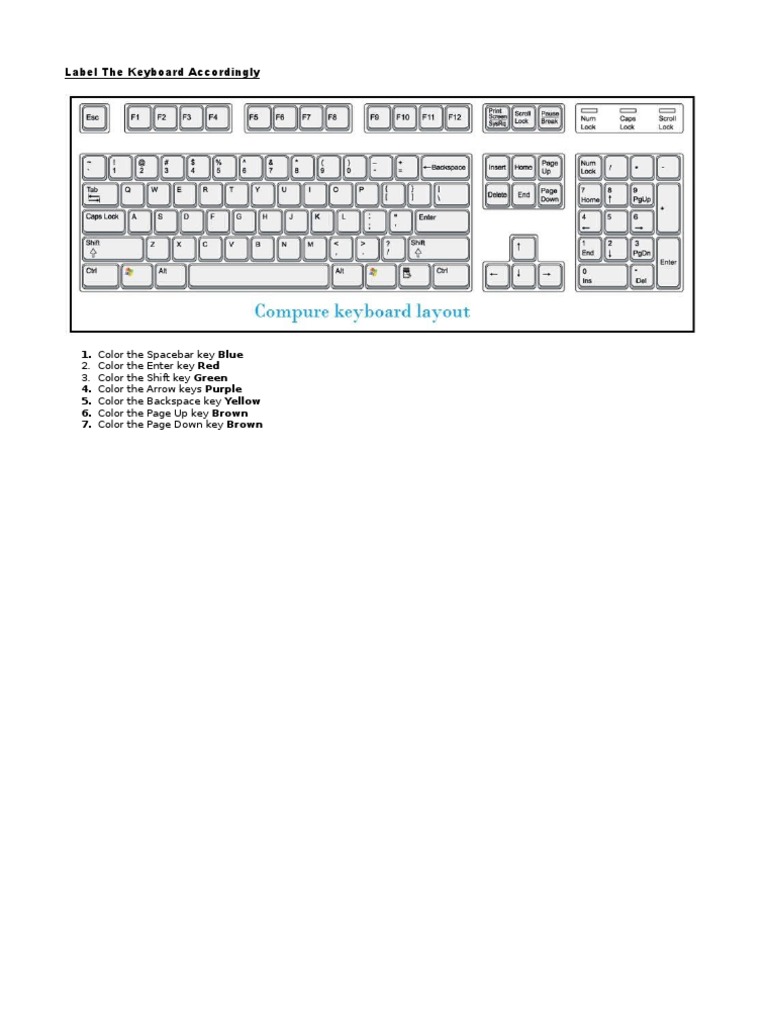 Label The Keyboard Accordingly: 1. Color The Spacebar Key Blue | PDF ...