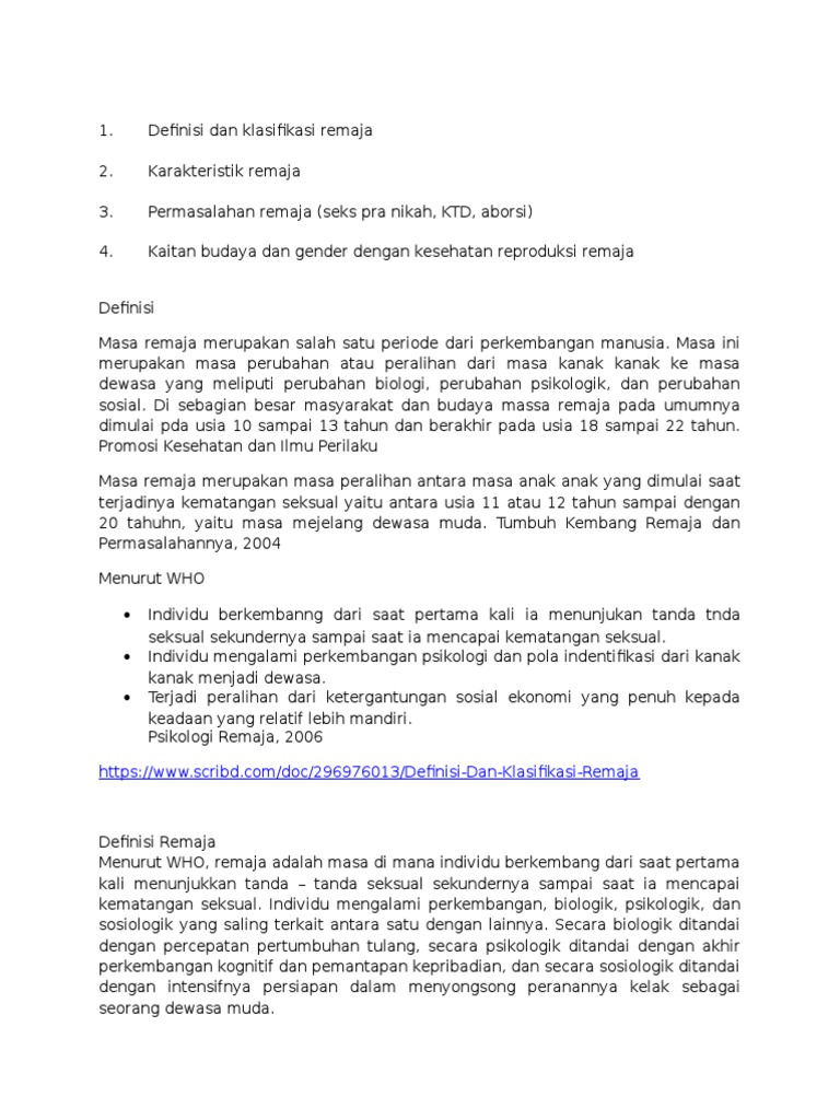 Definisi Dan Klasifikasi Remaja | PDF