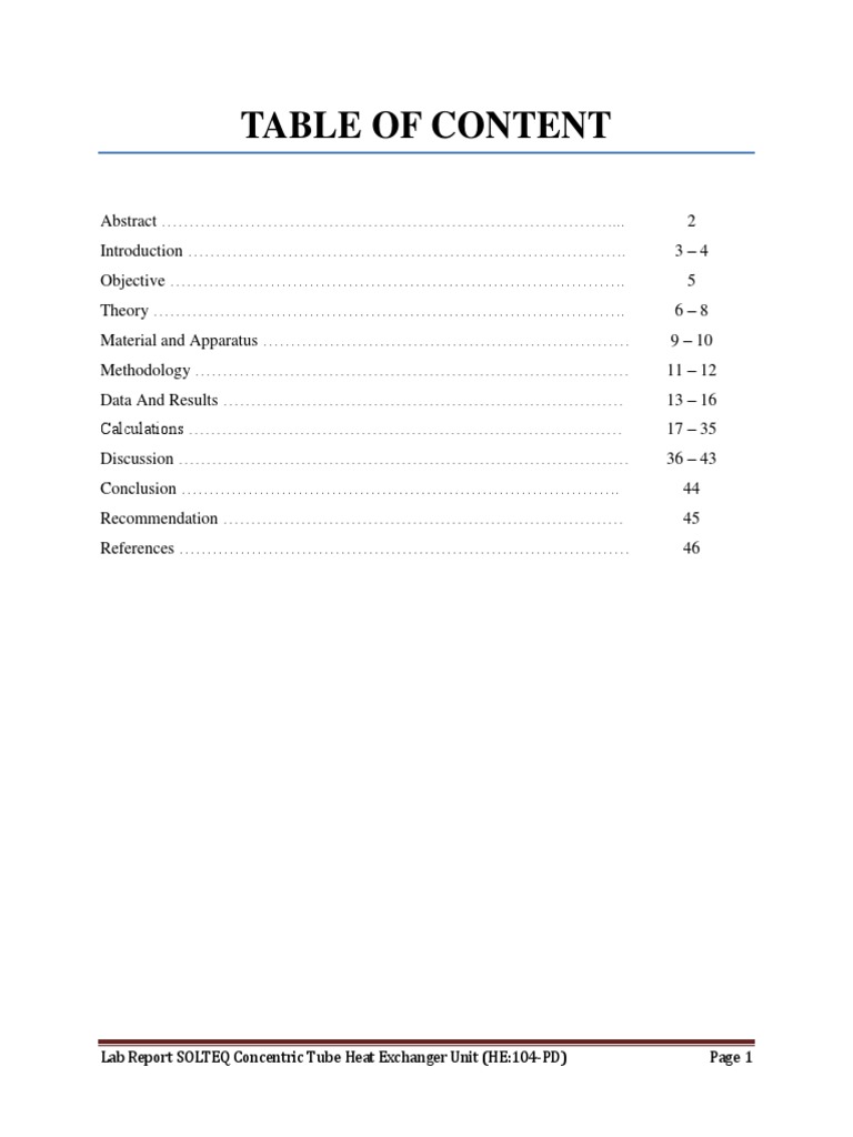 Table of Content: Lab Report SOLTEQ Concentric Tube Heat Exchanger Unit ...