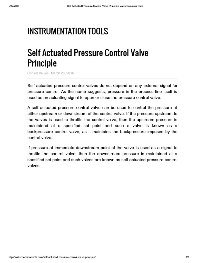 Self Actuated Pressure Control Valve Principle Instrumentation Tools | PDF