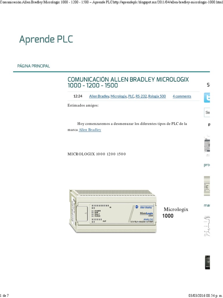 Comunicación Allen Bradley Micrologix 1000 - 1200 - 1500 ~ Aprende PLC | PDF