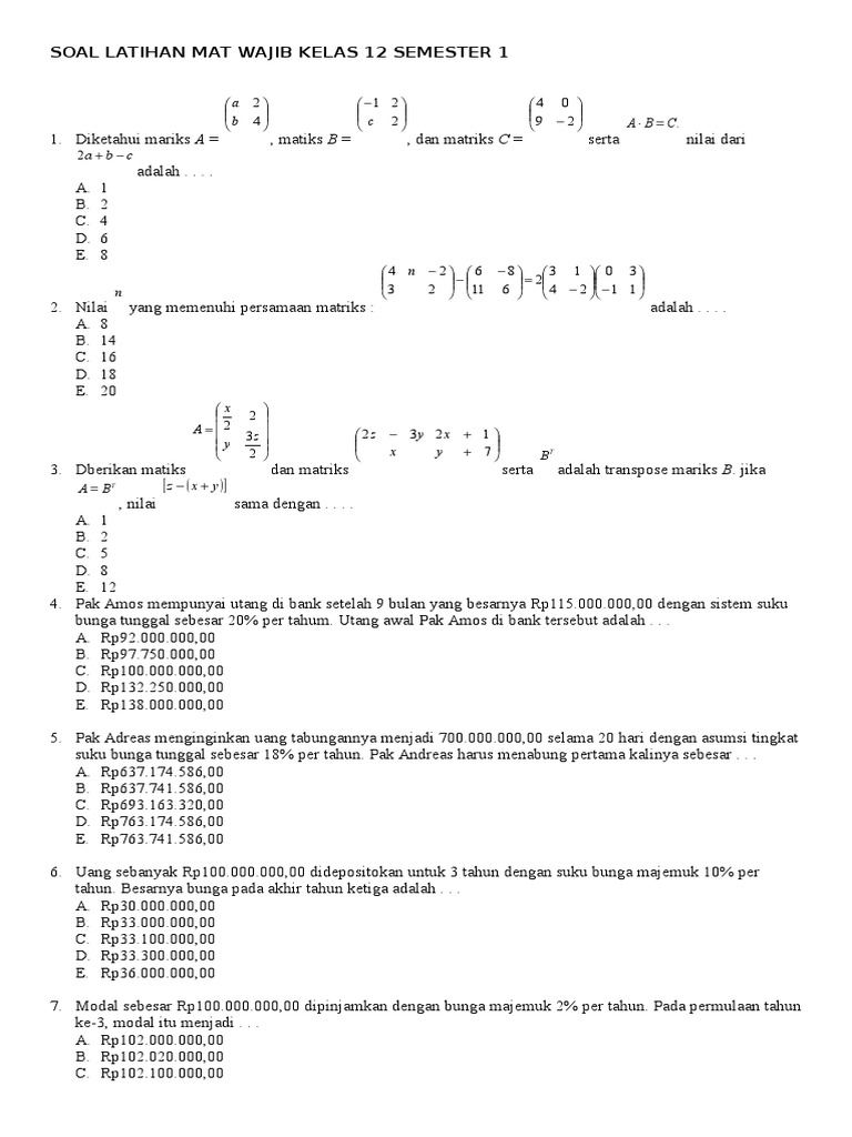 Soal Latihan Mat Wajib Kelas 12 Semester 1 | PDF