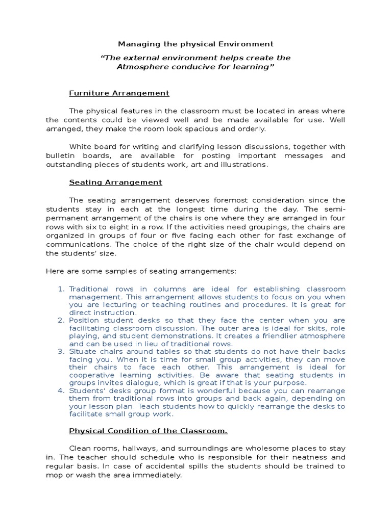 Managing The Physical Environment | PDF | Classroom | Behavior Modification