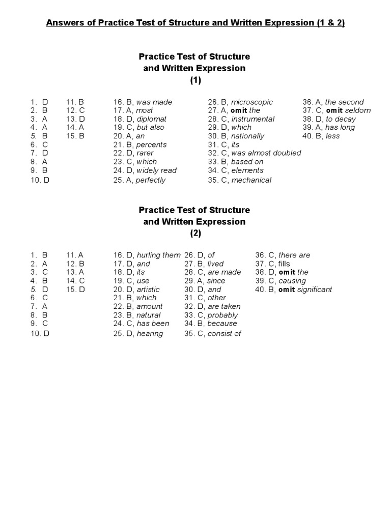 Answers of Practice Test of Structure and Written Expression 1 and 2 ...