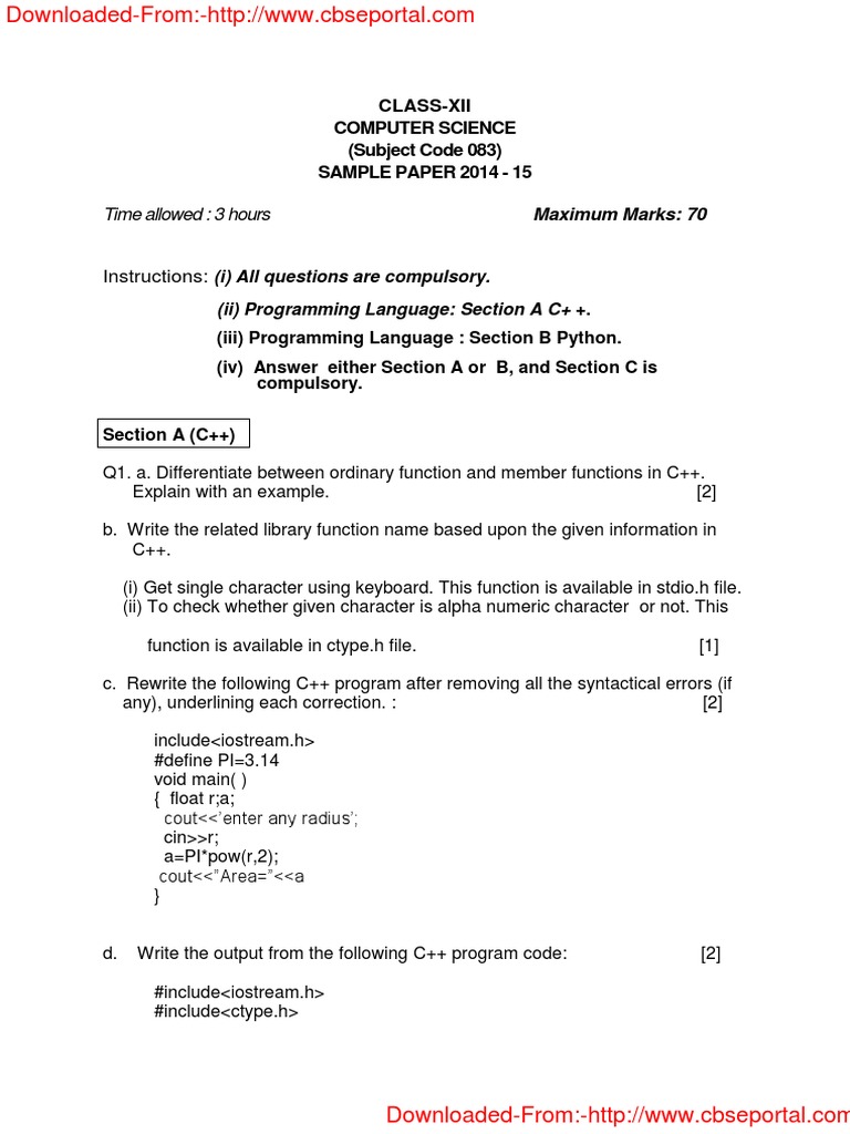 CBSE Class 12 Sample Papers of Computer Science 2014 15 | Download Free PDF | Parameter ...