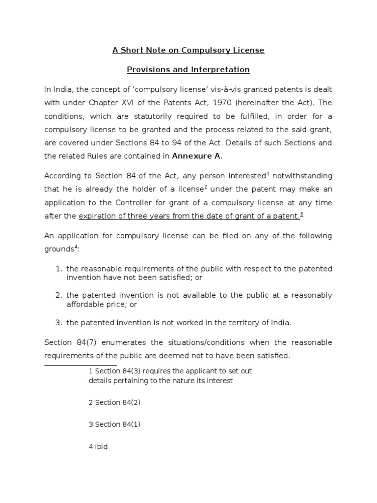 Note On Compulsory Licensing | PDF | Glossary Of Patent Law Terms | Patent
