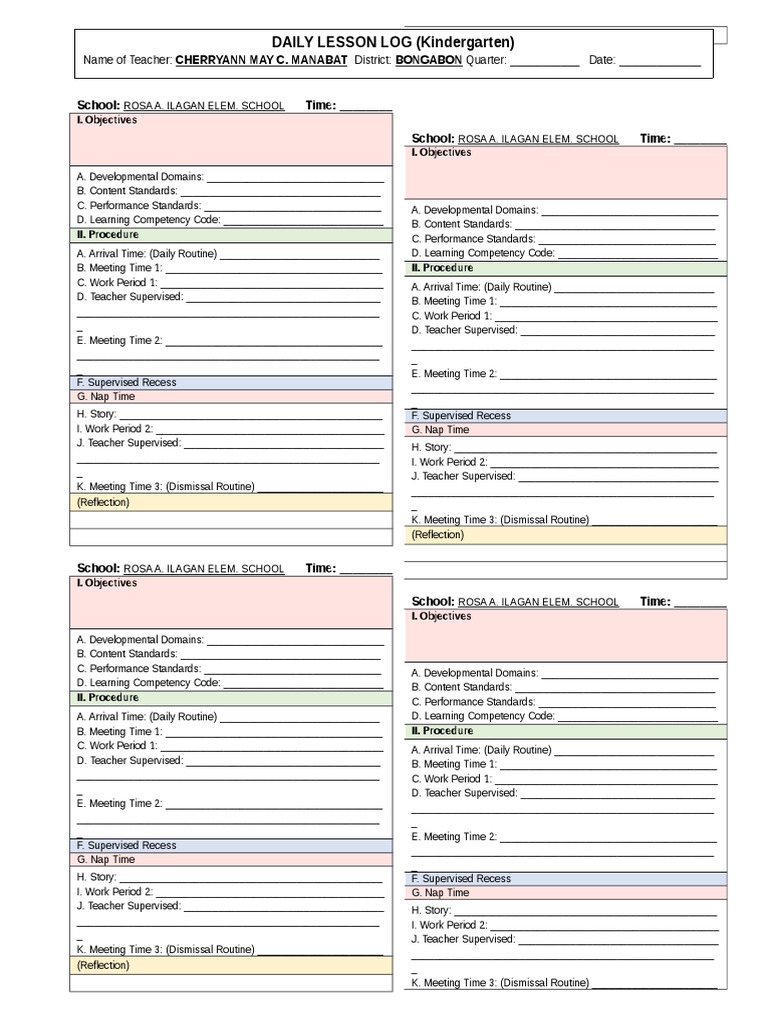Daily Lesson Log Kindergarten