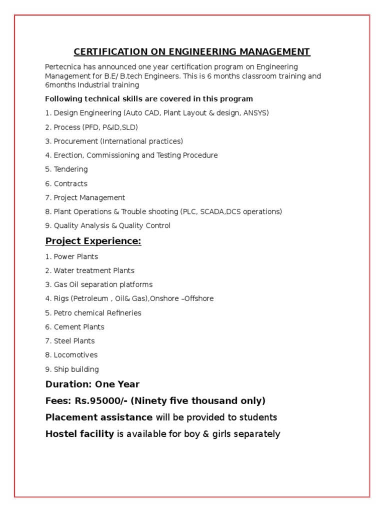 Certification On Engineering Management: Following Technical Skills Are ...