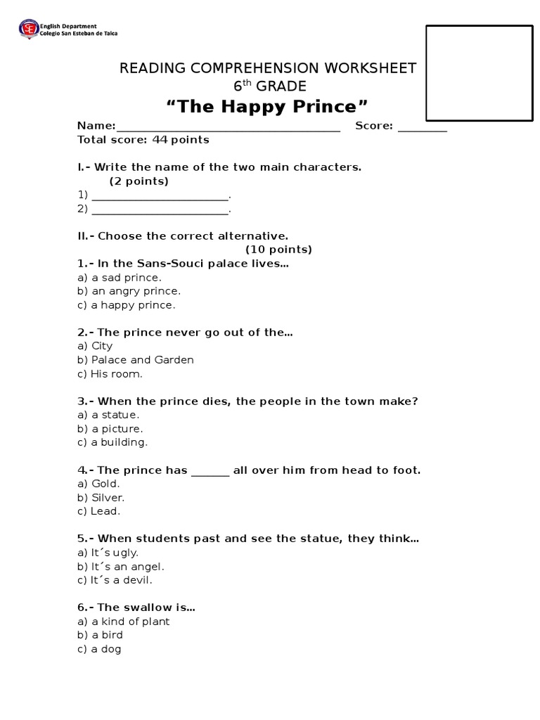Reading Comprehension Worksheet From The Happy Prince | PDF | Art
