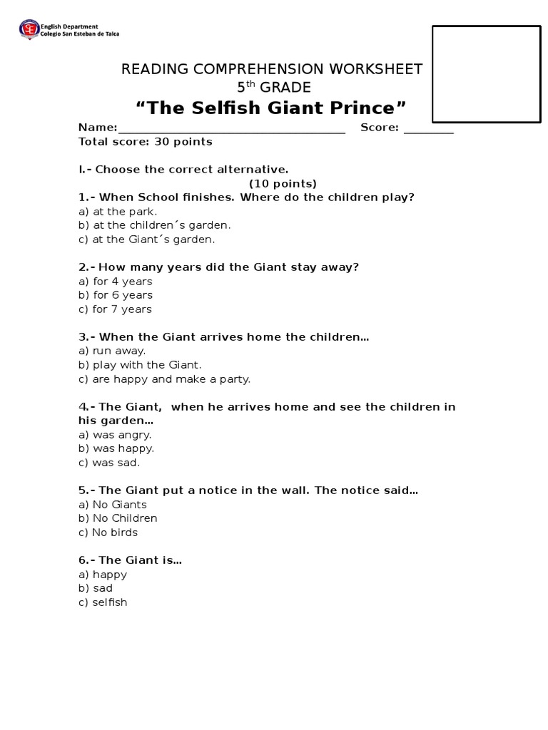 Selfish Giant Comprehension Worksheet | PDF