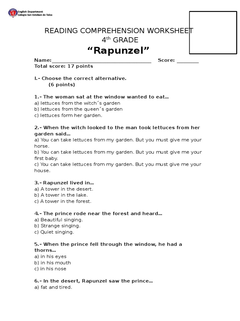 Reading Comprehension Worksheet Rapunzel | PDF