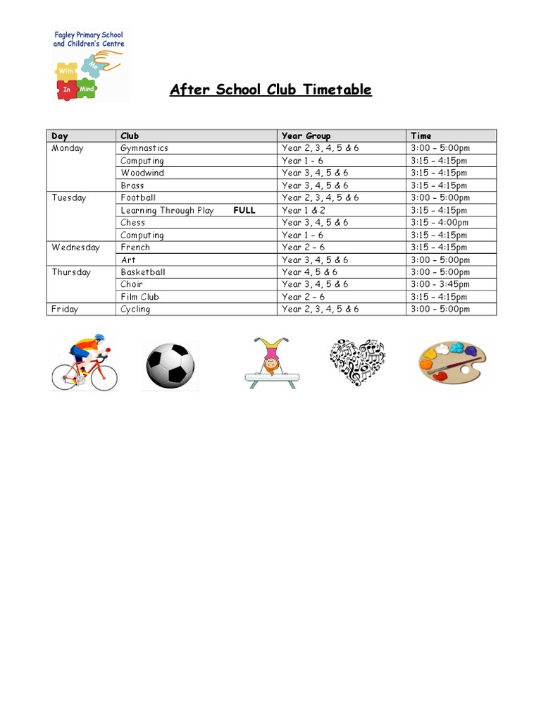 After School Club Timetable: Day Club Year Group Time | PDF