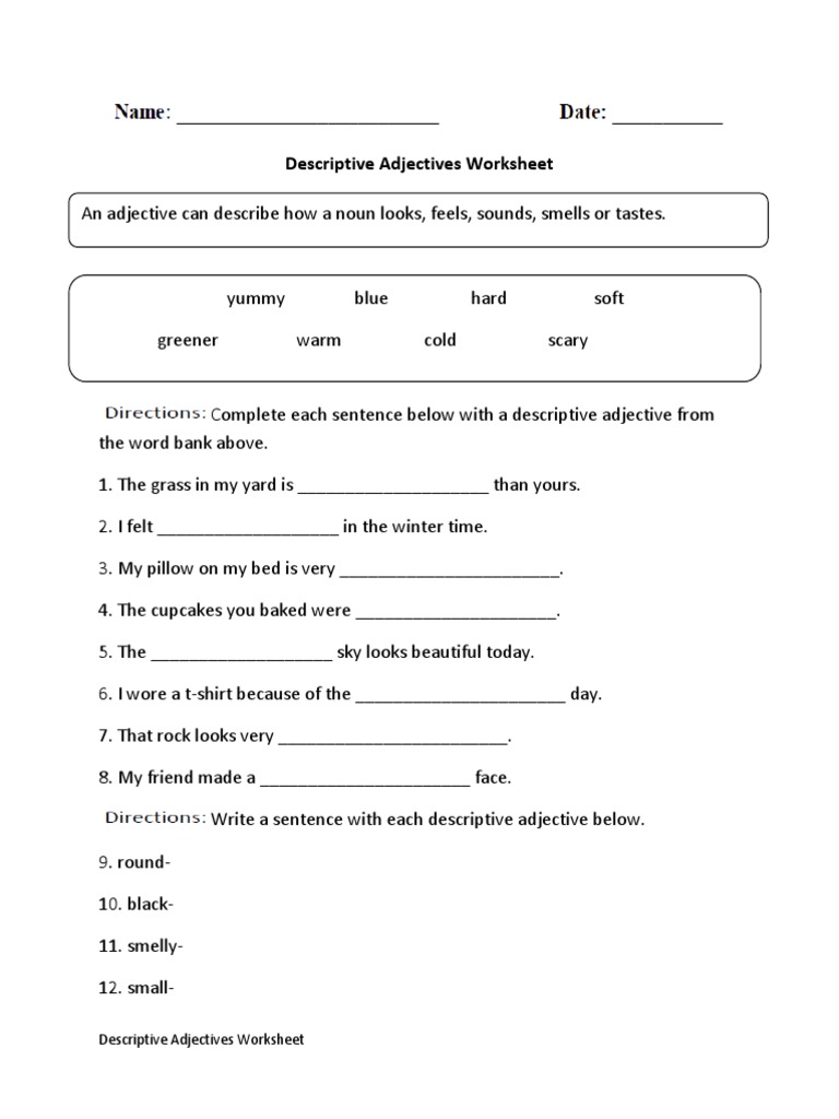 Descriptive Adjectives Worksheet | PDF