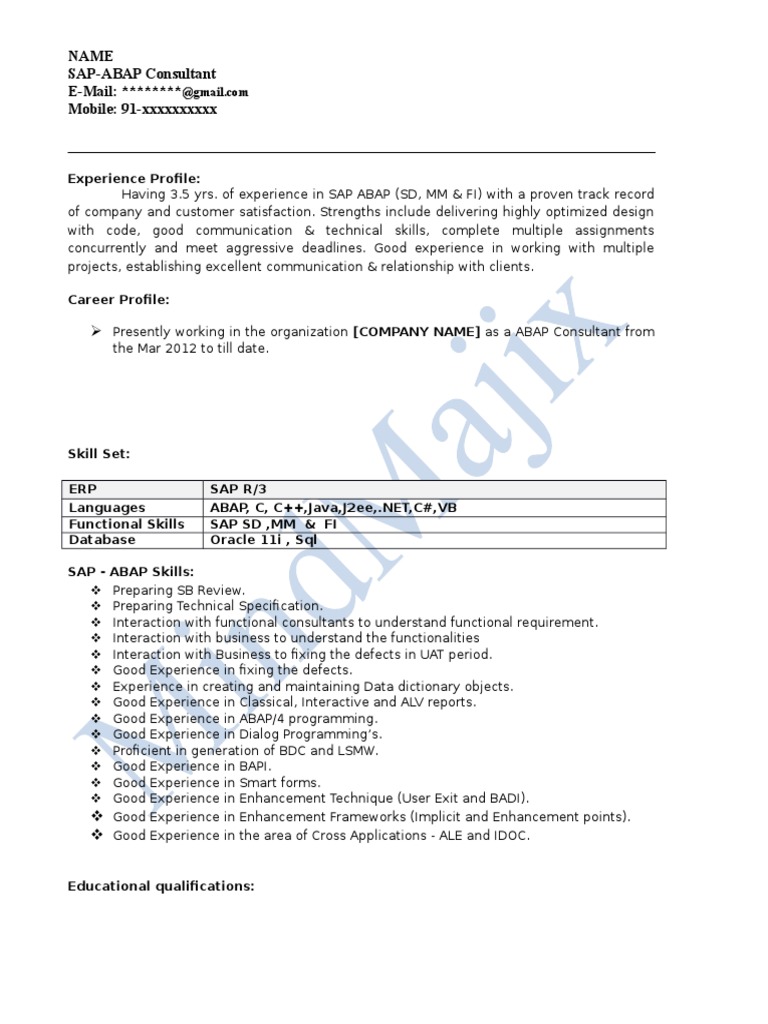 SAP ABAP Sample Resume | Invoice | Computing