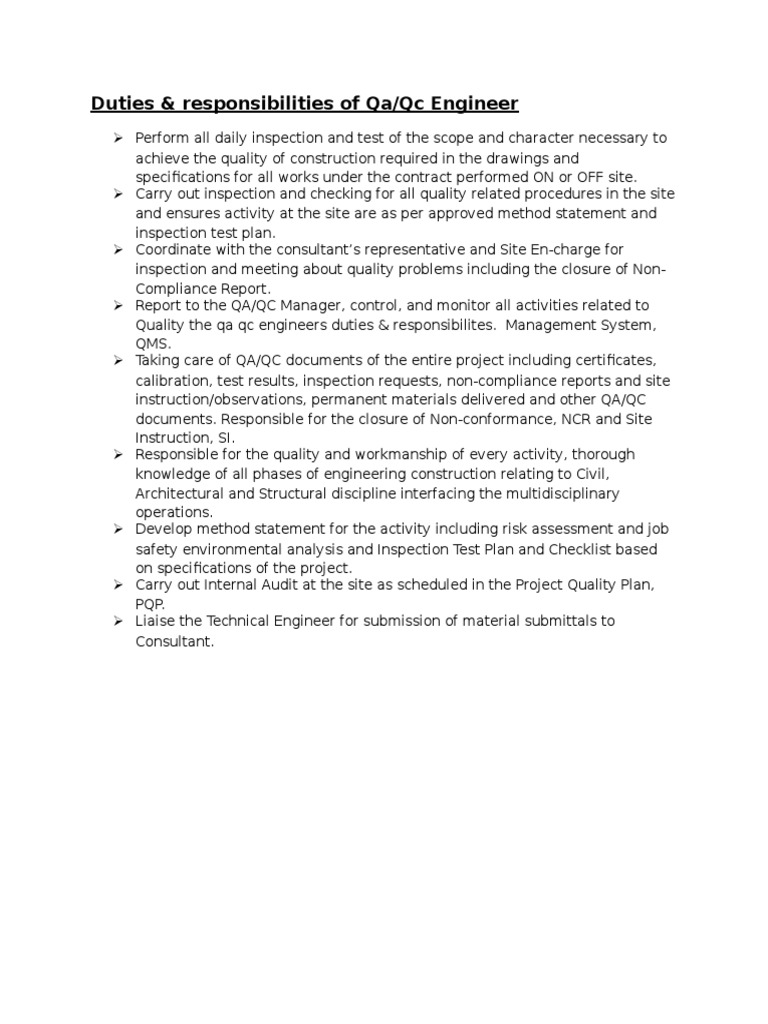 Duties & Responsibilities of Qa/Qc Engineer | PDF