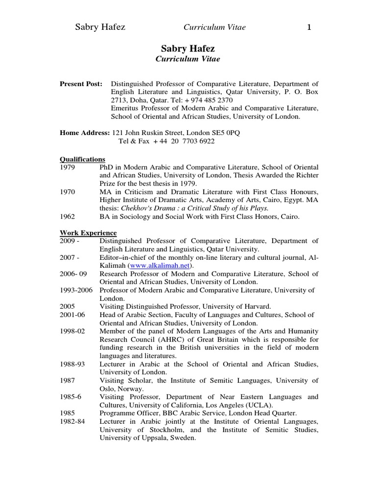 CV Sabry Hafez | PDF | Arabic Literature | Lecturer