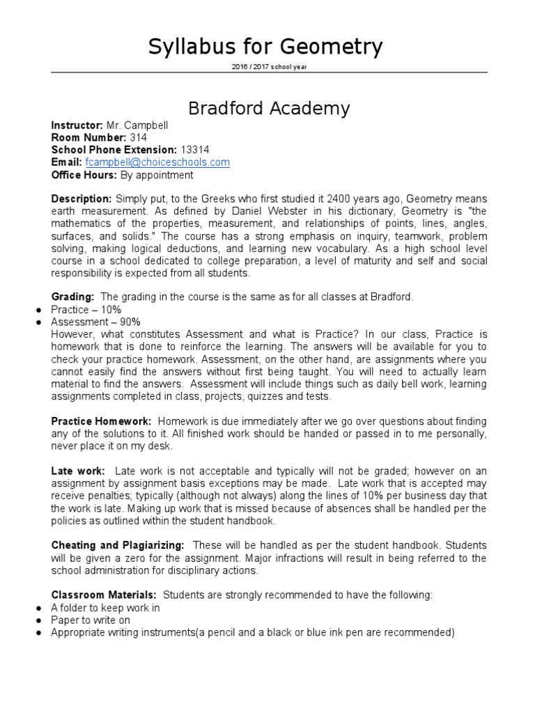 Campbells Syllabus Geometry 2016 17 1 | PDF | Homework | Educational ...
