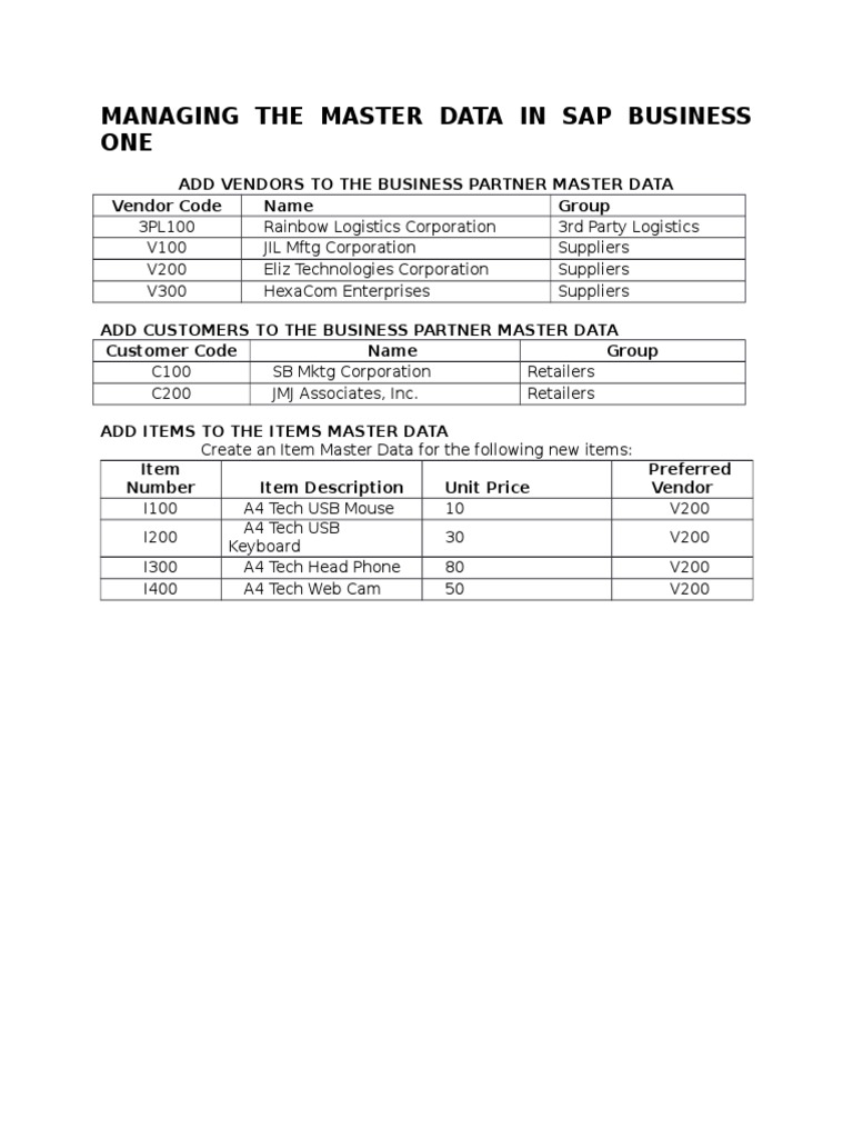 Managing The Master Data in Sap Business ONE: Vendor Code Name Group | PDF