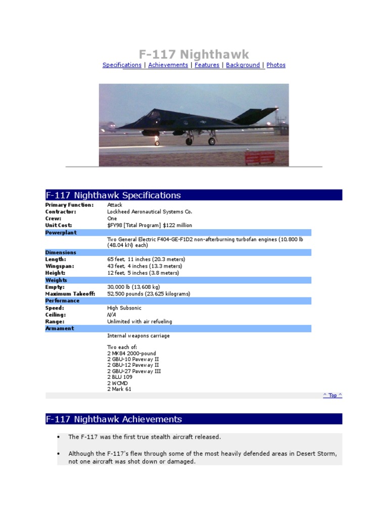 F-117 Nighthawk Specifications | PDF | Military Aviation | Aviation
