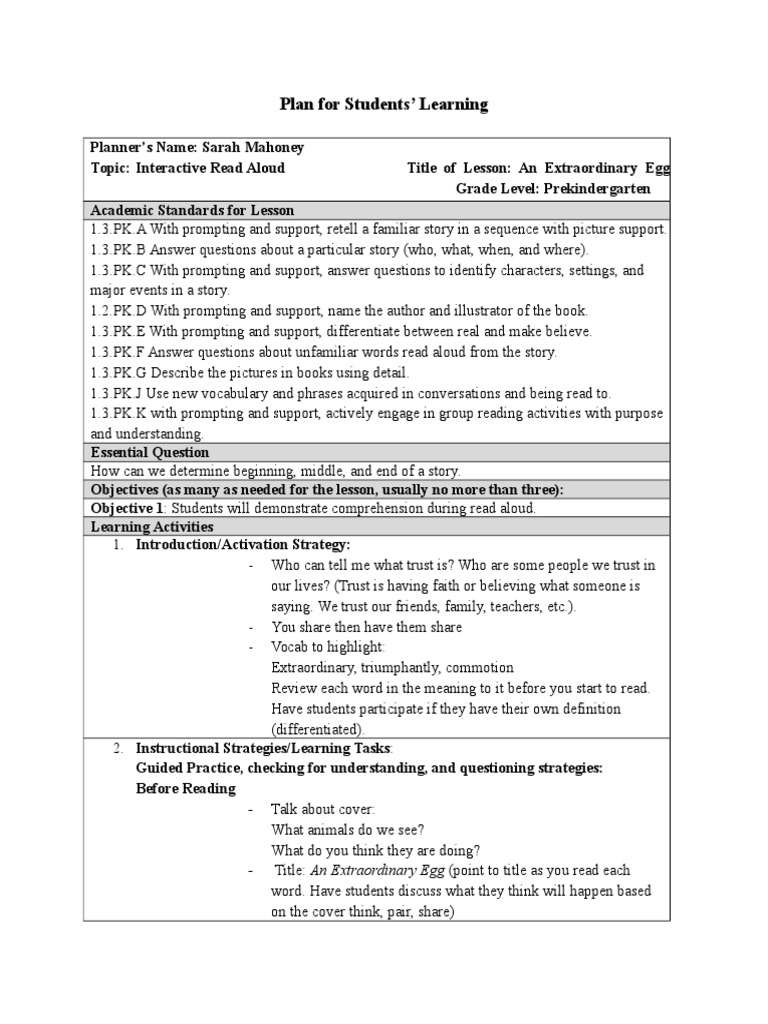 Interactive Read Aloud: An Extraordinary Egg | PDF | Educational ...