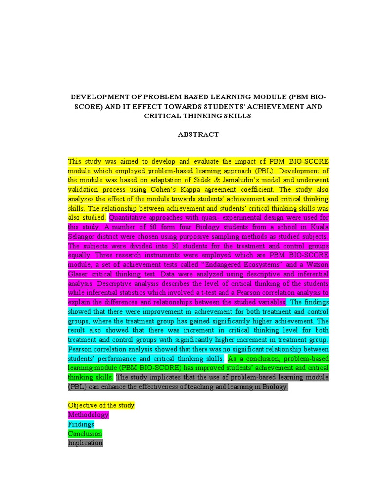 Development of Problem Based Learning Module (PBM Bio-Score) and It Effect Towards Students ...