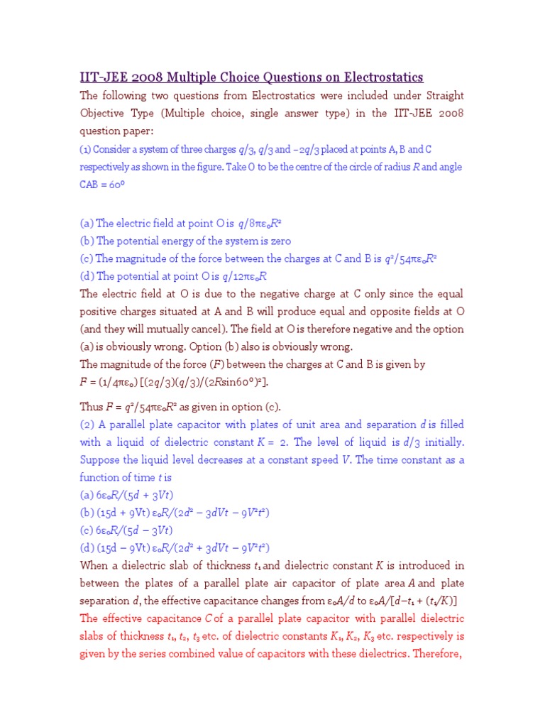 IIT-JEE 2008 Multiple Choice Questions On Electrostatics | PDF | Capacitor | Electrostatics