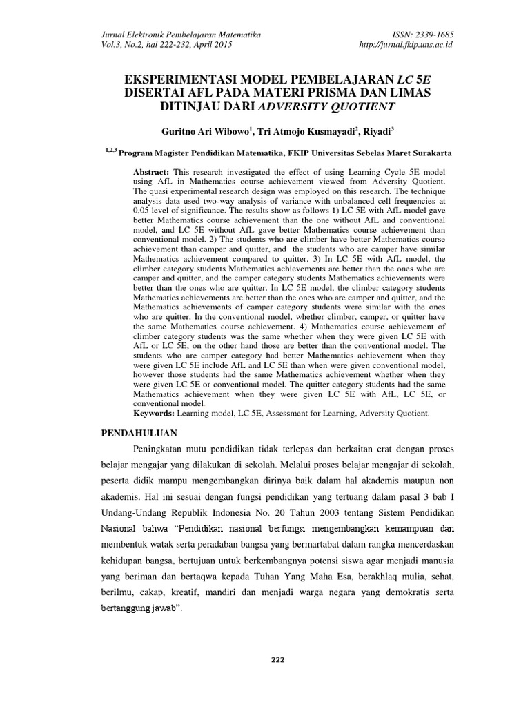 Eksperimentasi Model Pembelajaran LC 5E Disertai Afl Pada Materi Prisma Dan Limas Ditinjau Dari ...