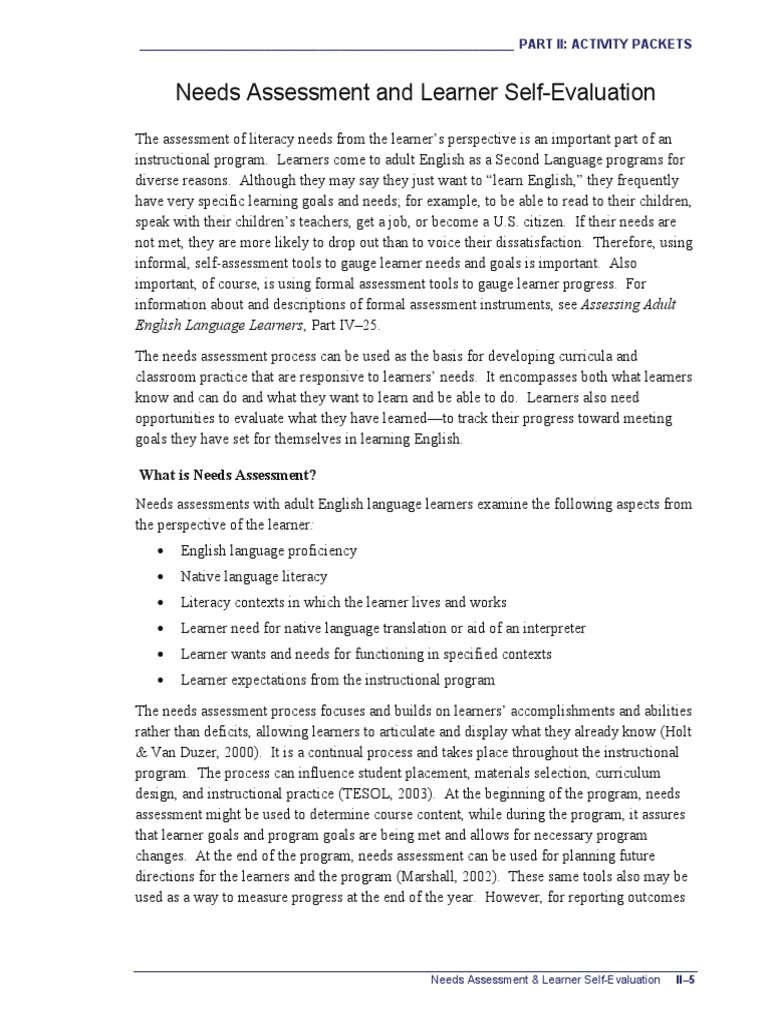 Part2 5NeedsAssessment&LearnerSelf Evaluation PDF | PDF | Educational ...