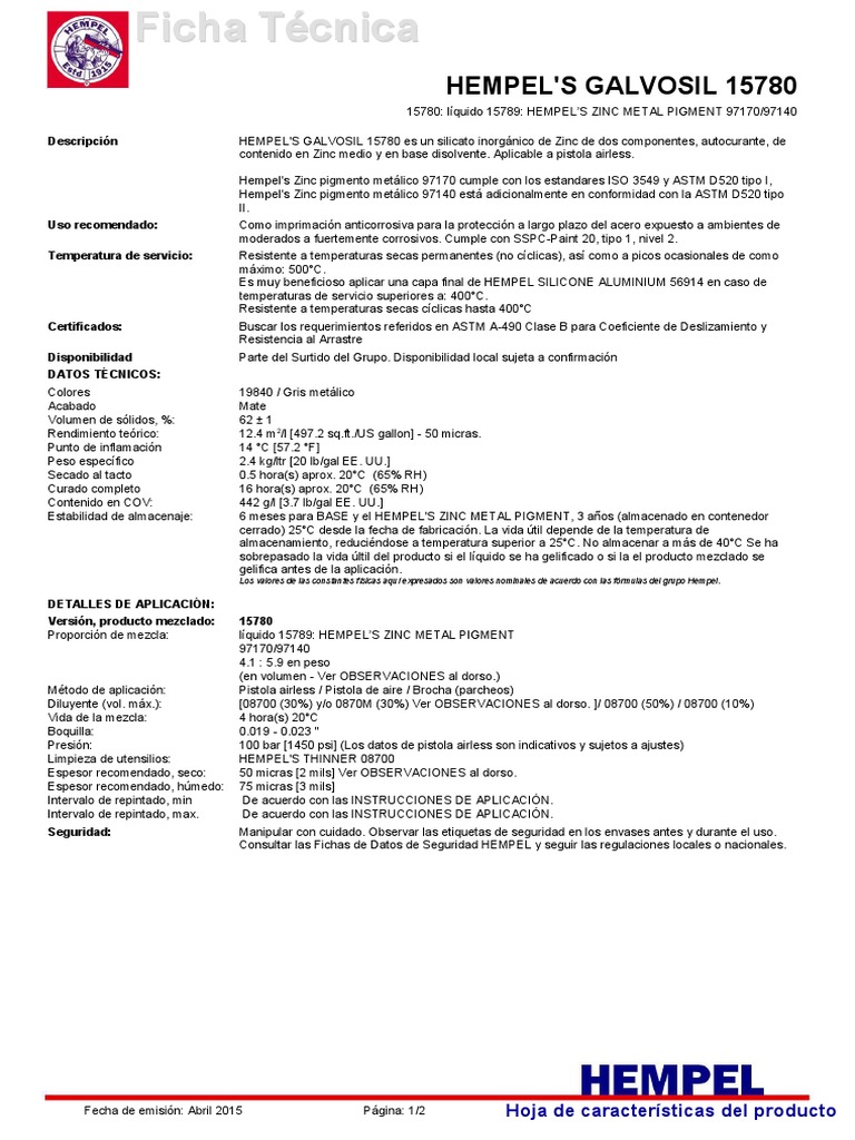 Pds Hempel's Galvosil 15780 Es-Es | PDF | Zinc | Humedad