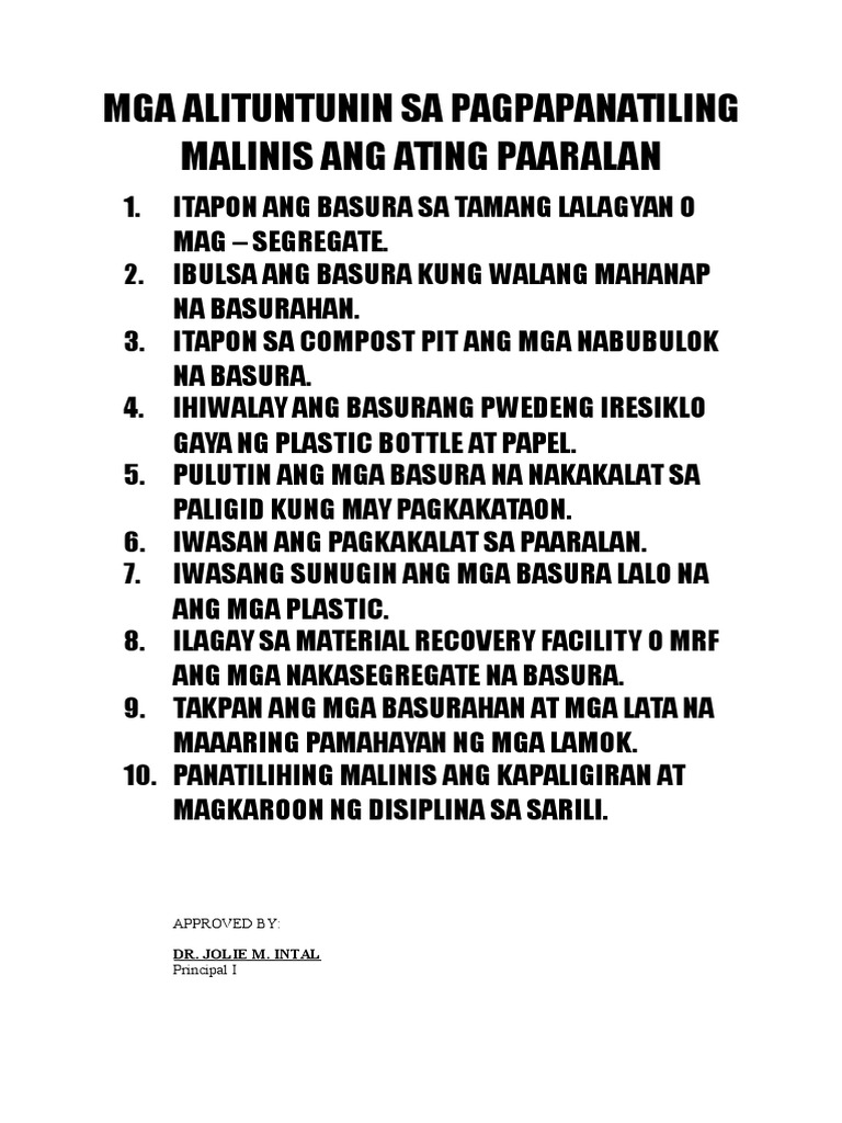 Mga Alituntunin Sa Pagpapanatiling Malinis Ang Ating Paaralan | PDF