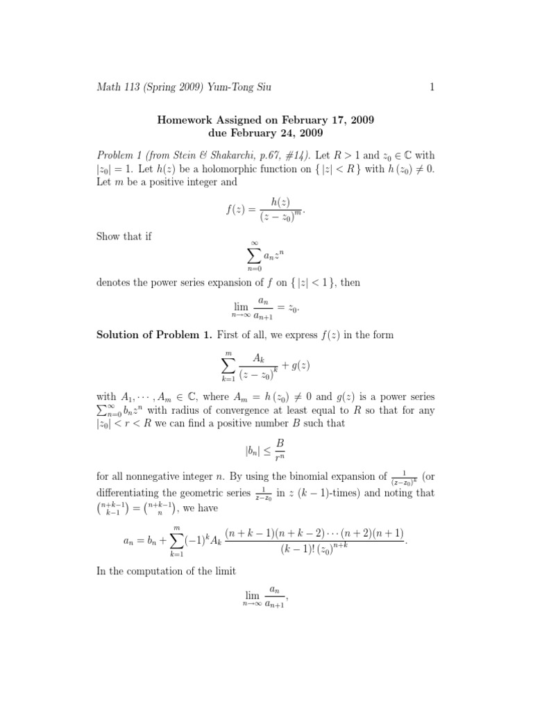 Complex Analysis 6 Exercises Solution - Mathematics - Prof Yum-Tong Siu | PDF | Holomorphic ...