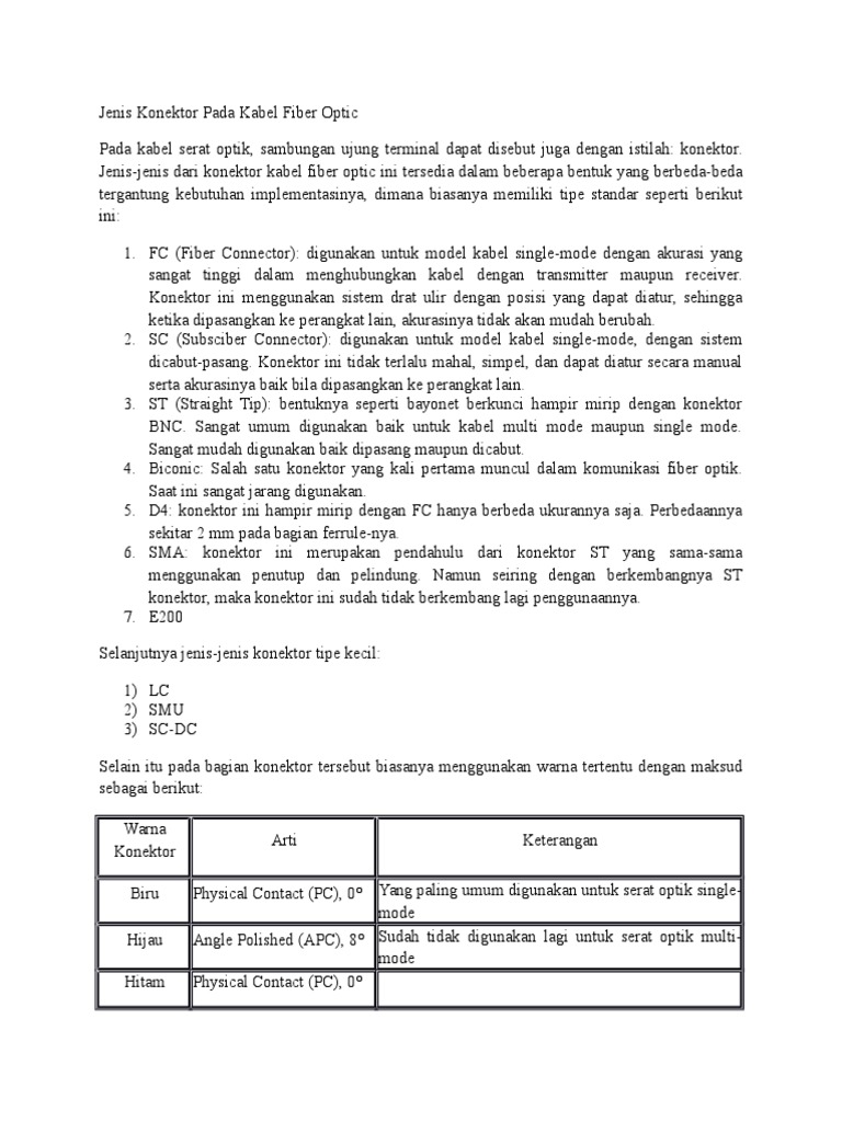 Jenis Konektor Pada Kabel Fiber Optic | PDF Jenis Konektor Pada Kabel Fiber Optic | PDF