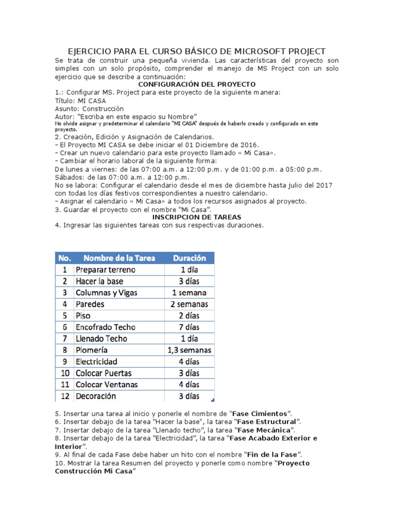 Ejercicio de Microsoft Project | PDF | Calendario