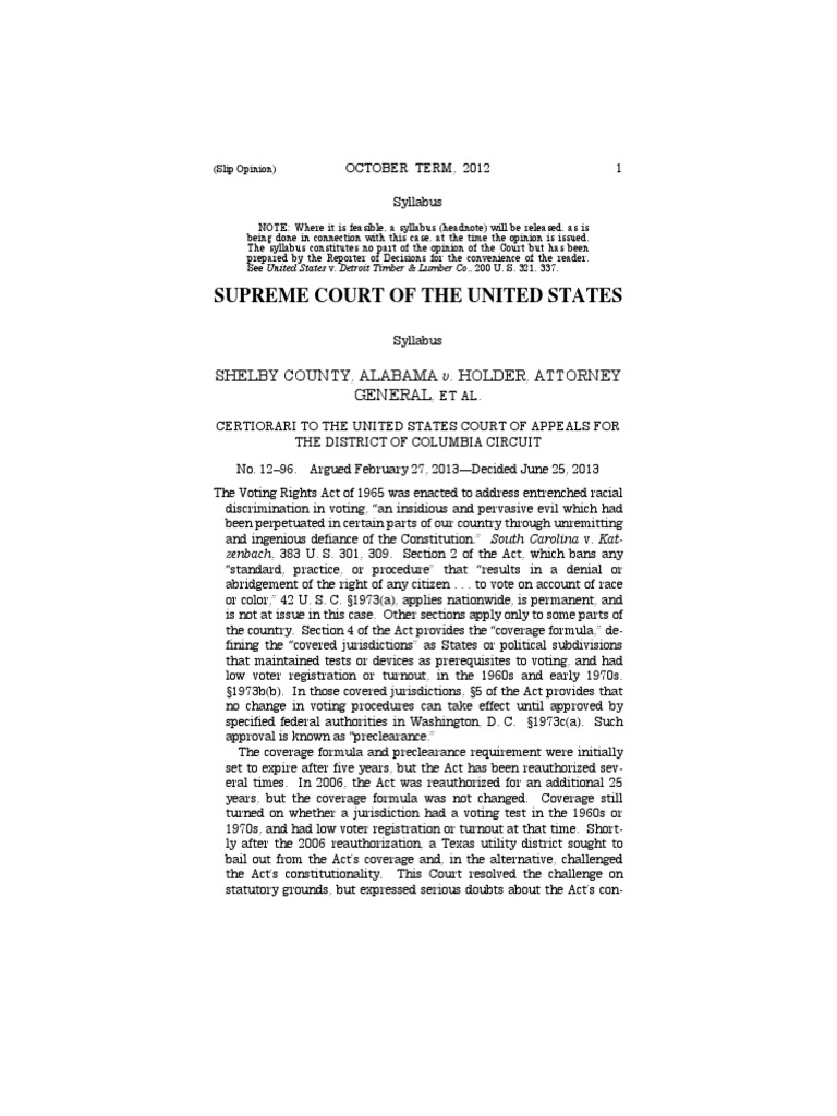 Shelby County v. Holder | PDF | Voting Rights Act Of 1965 | U.S. State