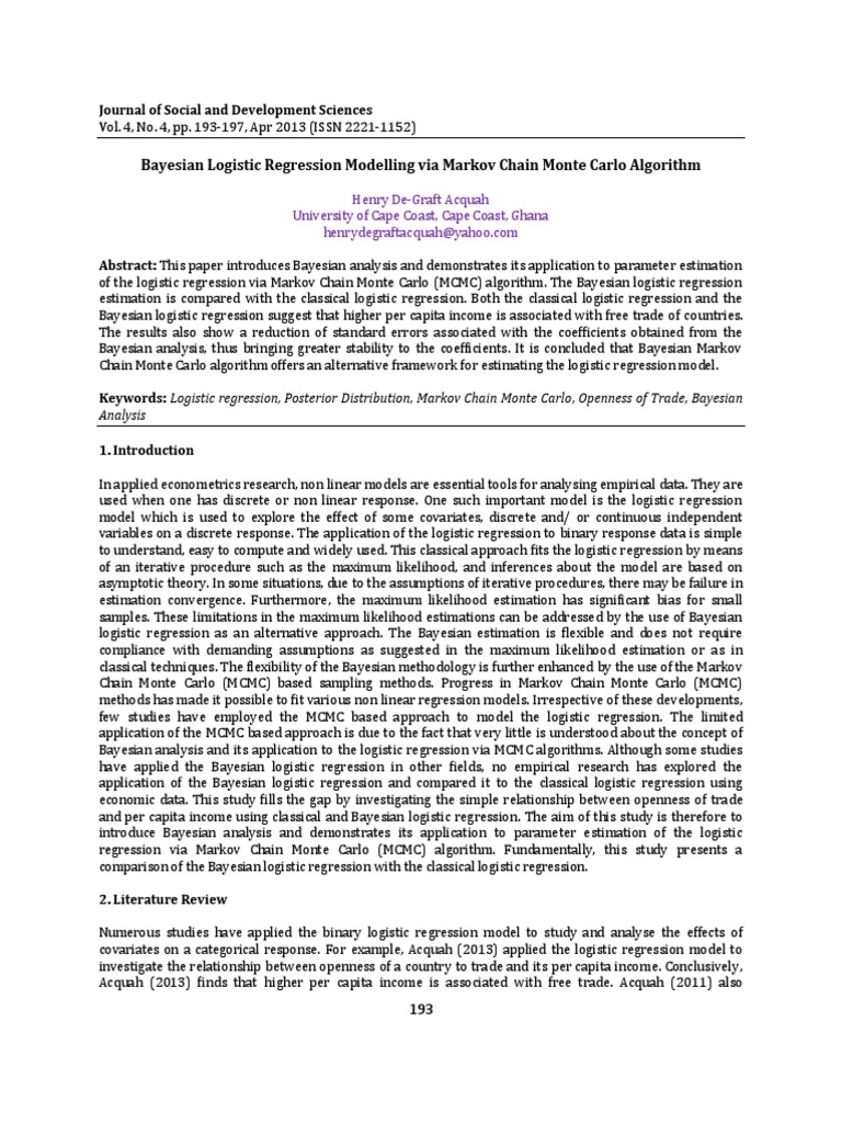 Bayesian Logistic Regression Modelling Via Markov Chain Monte Carlo Algorithm - Henry De-Graft ...