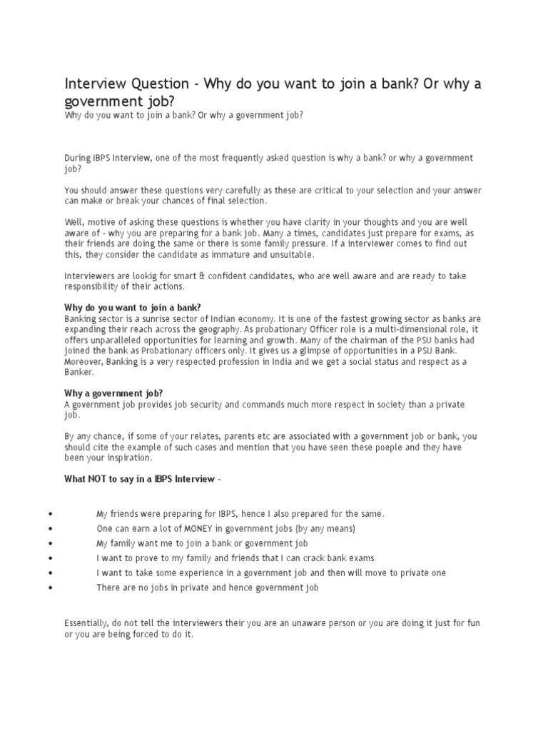 Interview Question - Why Do You Want To Join A Bank or Why A Government ...