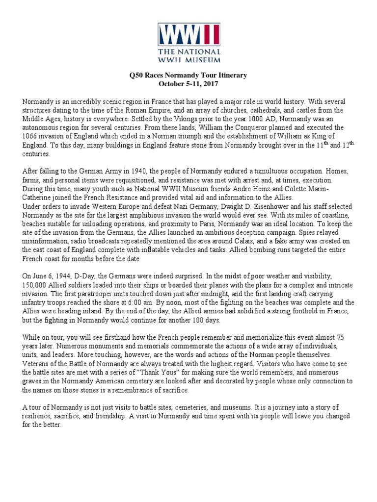 Q50 Races Normandy Tour Itinerary October 5-11, 2017: TH TH | PDF | Travel