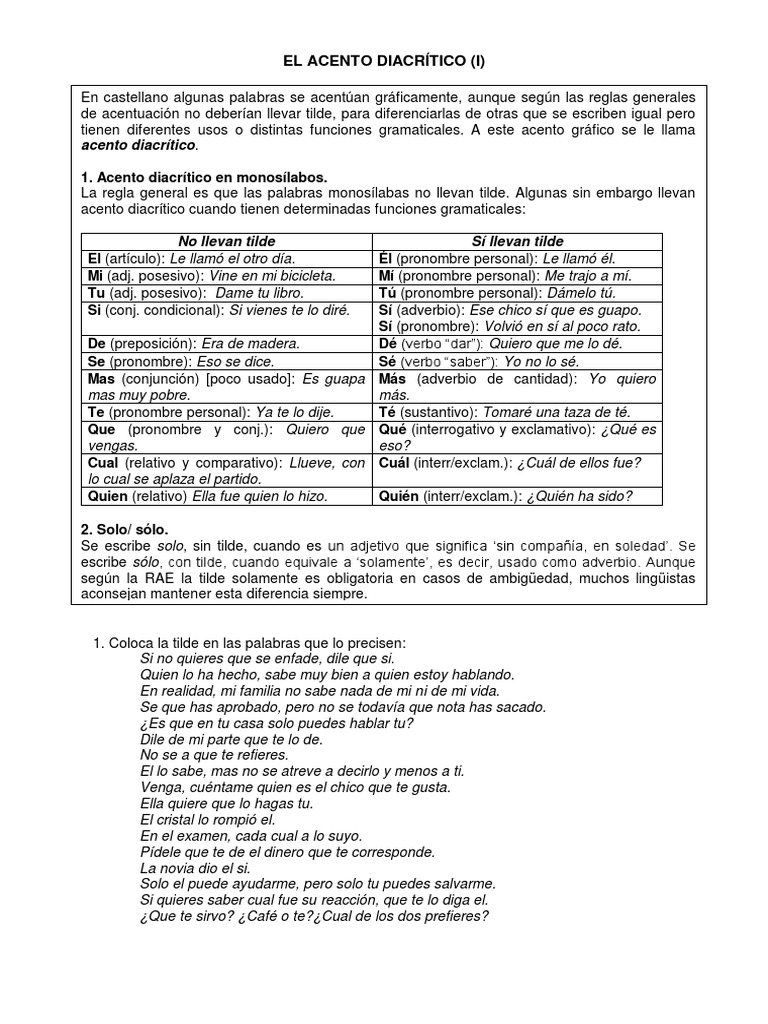 Acento Diacrítico en Monosílabos | PDF | Palabra | Relaciones sintácticas