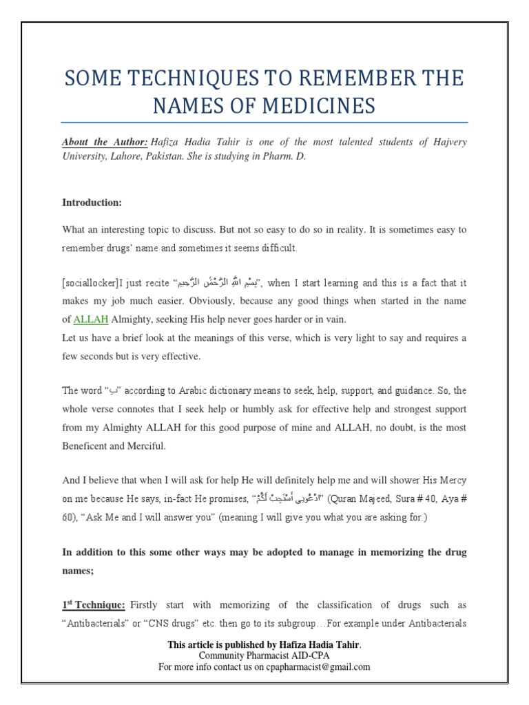 Some Techniques To Remember The Names of Medicines | PDF | Drugs ...