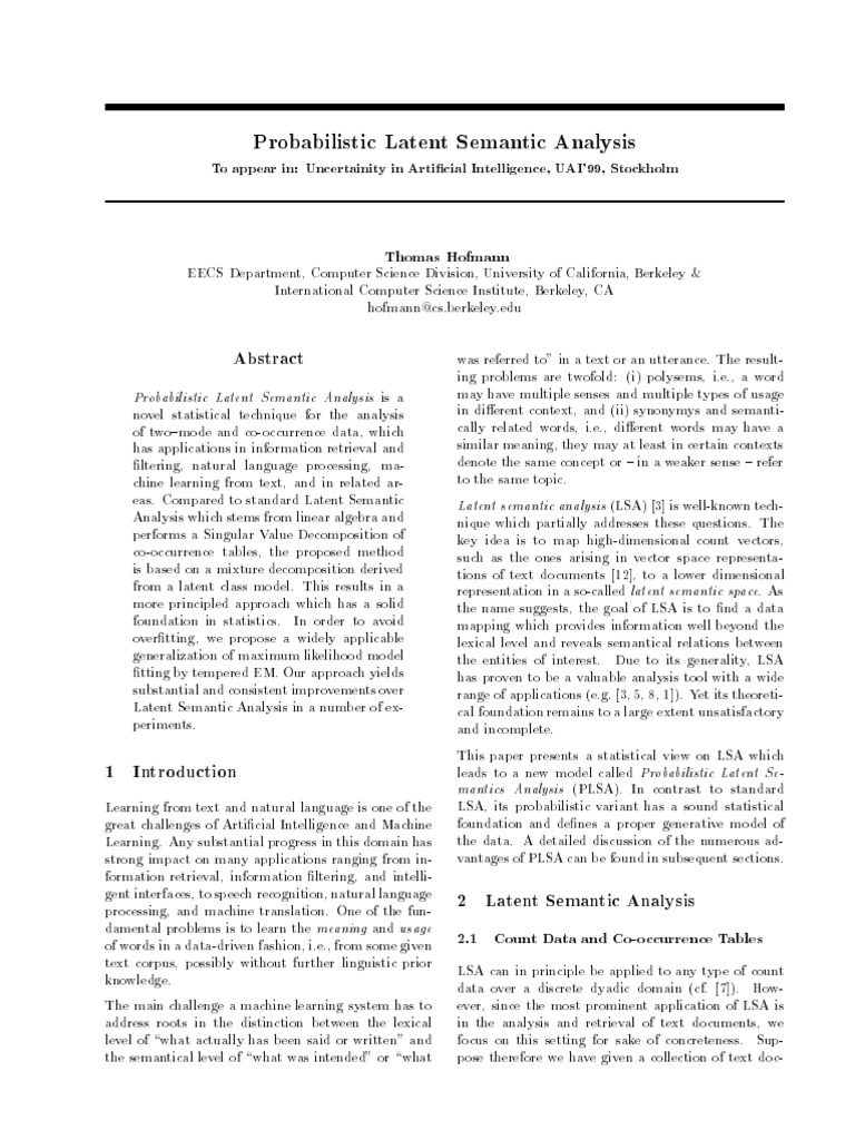 Probabilistic Latent Semantic Analysi | PDF | Statistical Theory | Teaching Mathematics